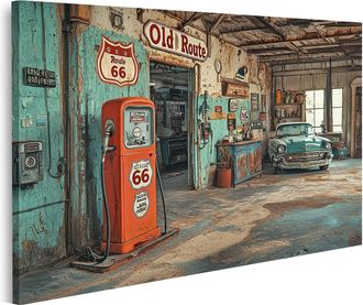 Islandburner Bild auf Leinwand Klassische Route 66 Tankstelle und Oldtimer für Wohnzimmer Oldtimer-Enthusiasten Autohaus Bilder Wandbilder Poster