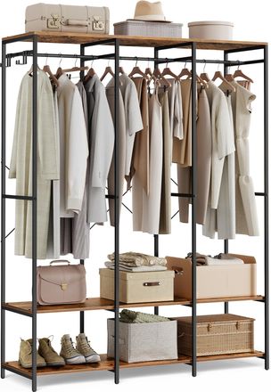 Songmics Kleiderschrank offen, Kleiderständer, Garderobenständer, Garderobe mit Kleiderstange, Ablagen, abnehmbare Haken, 40 x 141 x 180 cm, vintagebraun RGR00