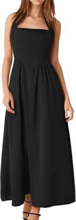 Generic Robe d&eacute;t&eacute; sans manches pour femme, dos nu, &eacute;paules d&eacute;nud&eacute;es, taille haute, robe longue &eacute;vas&eacute;e fluide, robe d&eacute;t&eacute; boh&egrave;me, robe de vacances pour la plage