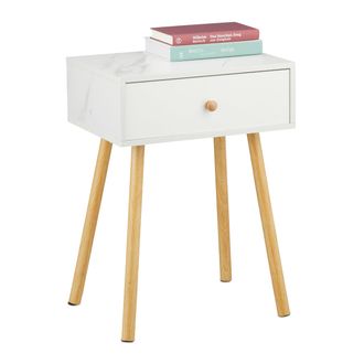 Relaxdays Nachttisch, 1 Stück, Schublade, Marmor- & Holzoptik, HBT: 55x40x32 cm, Schlafzimmer, Nachtschrank, weiß/Natur