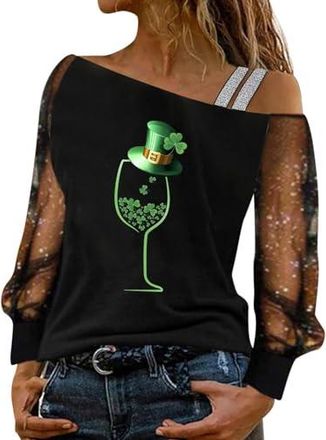 Generic AMDOLE Chemise de la Saint-Patrick pour filles et femmes - Imprimé verre à vin décontracté - Maille à manches longues - Tenue tendance pour femme 2024