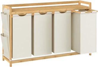 Songmics Panier à Linge, avec 4 Compartiments, Corbeille à Linge Sale, en Bambou, Capacité de 200 Litres, avec Étagère, Poches Latérales, 4 x 50 l, 124,6 x 33