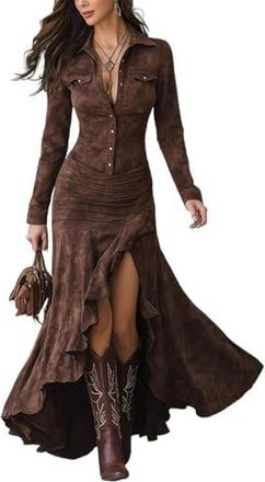ORANDESIGNE Robe Western Femme Effet Daim Robes Midi Moulante &agrave; Fermeture &eacute;clair Robe Sir&egrave;ne Vintage &agrave; Col Montant B Marron Fonc&eacute; XL