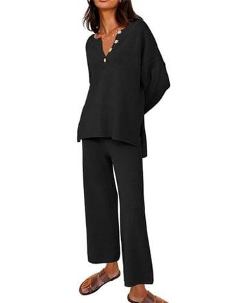 Generic Ensemble chandail 2 pi&egrave;ces pour femme, coupe d&eacute;contract&eacute;e, pull en tricot &agrave; manches longues et pantalon &agrave; jambe large, rose, taille S, pour le quotidi