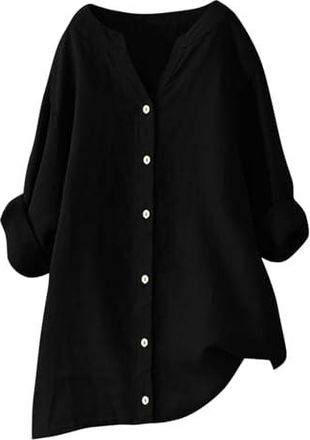 Generic Chemise Femme Lin Chemisier Coton Et Lin pour Femmes Col en V Bouton Manches Longues Tops Couleur Unie Vintage Ample Respirant T-Shirts Grande Taille 