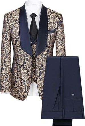 Generic Costume 3 pi&egrave;ces pour homme en jacquard cachemire avec ch&acirc;le et revers - Coupe ajust&eacute;e - Blazer floral - Veste gilet et pantalon - Pour f&ecirc;te et d&icirc;ner,
