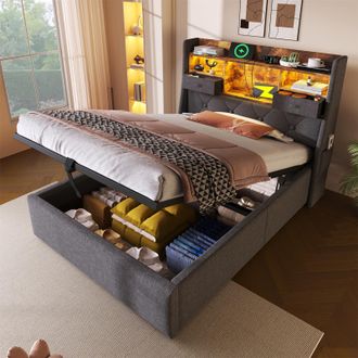 Generic Polsterbett Einzelbett 90x200 cm mit Lattenrost Hydraulischem Stauraum & LED-Kopfteil, 4 Ladestation (USB/Type-C), Grau Leinenstoff (Ohne Matratze)