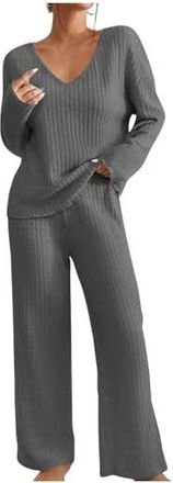 TOMWELL Pyjama Femme Col en V Manches Longues Ensemble 2 Pièces Loungewear Haut et Pantalon à Taille Élastique A Gris Foncé XL