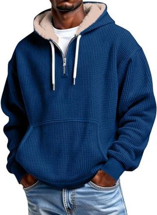 Generic Sweat &agrave; capuche pour homme avec fermeture &eacute;clair 1/4 - Confortable - Manches longues - Pull dext&eacute;rieur - Couleur unie - Pull en tricot - Haut d&eacute;contra