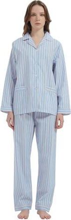 Global Ensembles de Pyjama pour Femme 100% Coton Vêtements de Nuit Manches Longues Boutonné Pantalon Taille élastiquée Cordon de Serrage Bleu XL