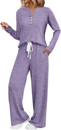 Generic Pyjama c&ocirc;tel&eacute; pour femme - Couleur unie - &Eacute;l&eacute;gant - Avec boutons et poche - V&ecirc;tement de nuit ample - Manches longues - Jambes larges - Ensemble pyjama