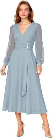Generic Robe de mère de la mariée à manches longues en mousseline de soie plissée avec col en V pour invitée de mariage, Bleu poudré, 54 Grande taille