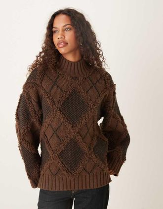 Asos Oversize-Pullover in Schokobraun mit Fransen-Karomuster-Brown