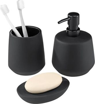 Navaris Accessoire Salle de Bain Noir - 3 Accessoires avec Porte Brosse &agrave; Dents Distributeur Savon Support Savon C&eacute;ramique - Deco Ensemble Salle de Bain Gobel