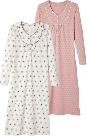 Damart Lot de 2 Chemises de Nuit Jersey Pur Coton peigné Femme Rose Imprimé Taille 54-56 (XXL)