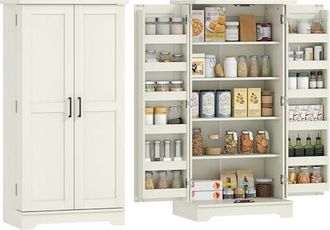 HOMCOM Buffet Cuisine, Armoire de Cuisine, vaisselier, 5 Niveaux, avec Portes et &eacute;tag&egrave;res r&eacute;glables, 60 x 40 x 120 cm, Grain de Bois, cr&egrave;me