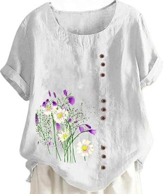 Generic Chemise d&eacute;contract&eacute;e en lin &agrave; manches courtes et col rond pour femme - Pull d&eacute;t&eacute; r&eacute;tro &agrave; manches roul&eacute;es - Haut &agrave; col rond, Blanc-C., 5XL