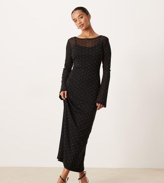 Never Fully Dressed Robe longueur mollet en tulle à strass avec manches cloches - Noir