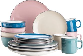 Mäser Maila, Buntes Vintage-Geschirr-Set aus Keramik für 4 Personen, modernes Geschirrset im Retro-Look, Steinzeug, Petrol/Altrosa/Beige/Dunkelblau