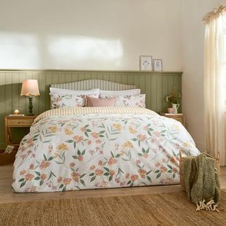 furn. Wylder Nature Betsie Bettbezug-Set - Weiche, wendbare Bettw&auml;sche mit Blumen- und Streifenmuster (Gelb - Doppelbett)