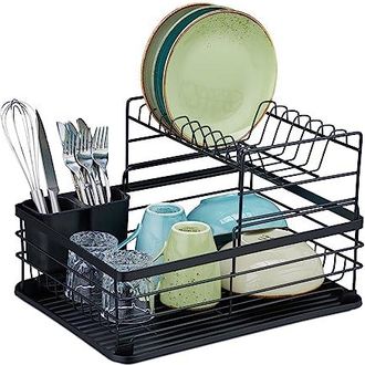 Relaxdays Abtropfgestell Geschirr, aus Metall, HxBxT: 30 x 42,5 x 31,5 cm, Geschirrtrockengestell für die Küche, schwarz, Eisen