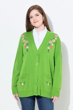 Ulla Popken Strickjacke Strickjacke Bl&uuml;ten-Stickerei V-Ausschnitt Langarm