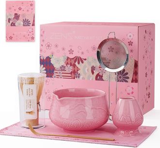 Zens Matcha Set Rosa, Matcha Tee Set mit Matcha Besen, Keramik Matcha Schale & Besenhalte und Matcha-Pulversieb & Teetuch, 6 St&uuml;ck f&uuml;r Matcha Ceremonial, G