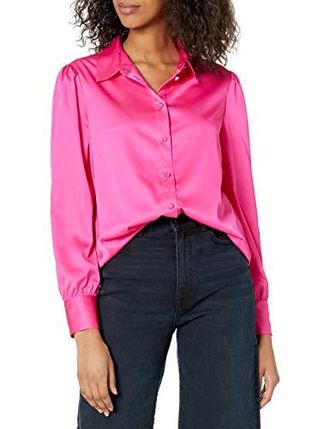 The Drop @lucyswhims Chemise Boutonnée Jusquen Bas pour Femme, Argenté, Manches Longues pour Femme, Rose Fuchsia, XS