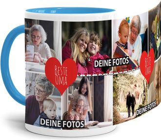Tassendruck Fototasse mit Spruch - Beste Oma - zum SELBSTGESTALTEN mit Foto-Collage für 8 WUNSCHFOTOS - Bestes Fotogeschenk für Oma - Innen & Henkel Hellblau