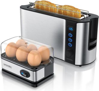 Arendo Fr&uuml;hst&uuml;cks-Set, 6er Eierkocher + 2-Scheiben Langschlitz Toaster frukost, Silber - Arendo