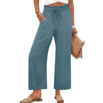 Generic Pantalon d&eacute;t&eacute; 3/4 en mousseline pour femme - Pantalon d&eacute;t&eacute; l&eacute;ger en lin - Avec poches - D&eacute;contract&eacute; - Pantalon en tissu &eacute;lastique et confortable - Pou
