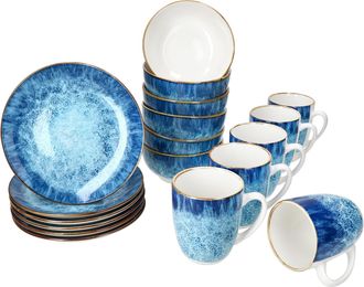 MamboCat Marina 18tlg Fr&uuml;hst&uuml;cksset I Je 6x blaue kleine Fr&uuml;hst&uuml;cksteller, M&uuml;slischale & Kaffeebecher f&uuml;r 6 Personen mit maritimem Design f&uuml;r Fr&uuml;hst&uuml;ck & Kaffe