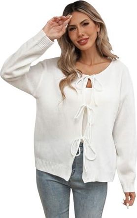 Generic Cardigan tricot&eacute; solide avec noeud papillon sur le devant pour femme, printemps, d&eacute;contract&eacute;, &eacute;l&eacute;gant, col rond, avec noeud papillon, coupe ample, dou