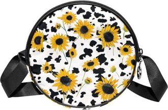 Generic Petit sac &agrave; bandouli&egrave;re rond pour femme, motif tournesol avec fermeture &eacute;clair, bretelles r&eacute;glables, style d&eacute;contract&eacute;, pour femmes et filles
