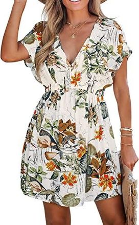 Cupshe Robe dété et de plage, cache-maillot de bain décontracté à col en V pour femme, manches courtes, taille élastique, tenue de plage 2024, blanc floral, 