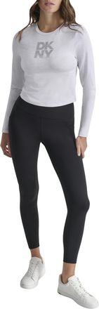 DKNY Womens Stacked Textured Sttripe Logo Long Sleeve Tee T-Shirt, Opt Htr Slvr, XS