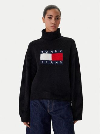 Tommy Jeans Rollkragenpullover Flag DW0DW22108 Schwarz Relaxed Fit