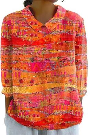 Keephen Femmes Vintage Style Ethnique Fleurs Color&eacute;es Impression 3D Manches Longues Col Chemises Bulle Cr&ecirc;pe L&eacute;ger Chemisier Dames Boho Vacances Hauts en Plei