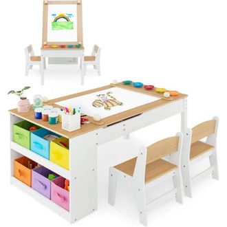 Costway Costway - 2 en 1 Table &agrave; Dessin et 2 Chaises Enfants avec Plateau Inclinable, Table dActivit&eacute; en Bois avec 6 Bo&icirc;tes de Rangement & Rouleau de