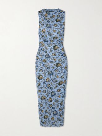 Veronica Beard Sylviani Midikleid Aus Stretch-t&uuml;ll Mit Blumenprint Und Raffungen - Blau