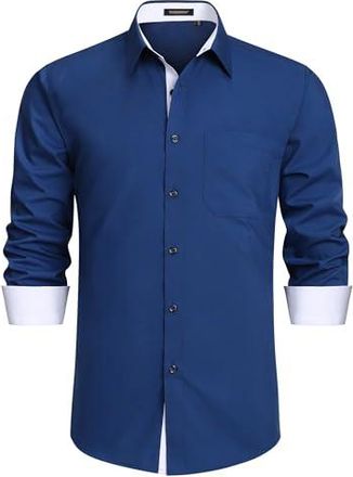 Hisdern Hommes Chemise à Manches Longues Formelle Robe Affaires Coupe Régulière Travail Boutonnée Chemise pour Hommes de Mariage avec Poches Bleu Marin 3XL