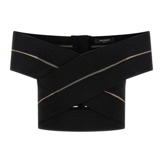 Balmain Stretch-Viskose Off-Shoulder Crop Top - - Tops - Damen - Schwarzk - S