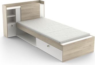 Demeyere Lit Modulable 90 x 190/200 Avec Rangement 1 Porte 3 Niches 1 tiroir - Blanc Mat und Chêne Clair -124,5 x 226,9 x 90,5 cm