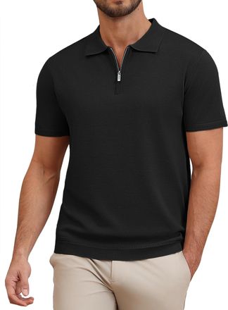 Coofandy Herren Poloshirt Kurzarm Zip Polo Reißverschluss Sommer EIS Strick Polo T-Shirts Golf Shirt Schwarz 3XL