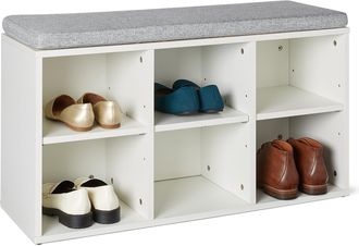 Amazon Basics Schuhbank mit Kissen, Schuhregal mit 6 F&auml;chern, verstellbaren Einlegeb&ouml;den, f&uuml;r den Eingangsbereich, 87 x 30 x 48 cm, wei&szlig;