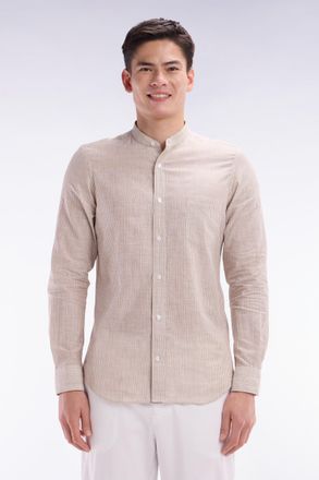Eden Park Chemise En Coton Et Lin Ray&eacute;e Beige &Agrave; Col Mao Coupe Ajust&eacute;e