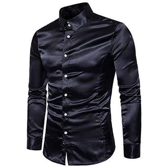 Generic Chemises brillantes pour homme &agrave; manches longues coupe r&eacute;guli&egrave;re, col boutonn&eacute; rabattable, hauts l&eacute;gers en satin pour soir&eacute;e de danse, smokings de mod