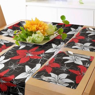 Abakuhaus Rot und Schwarz Tischläufer & 4 Stück Tischsets, Künstlerische Beetpflanzen blühende Garten-Muster Retro-Natur, Tischdeko-Set, 180 x 40 cm, Schwarz We