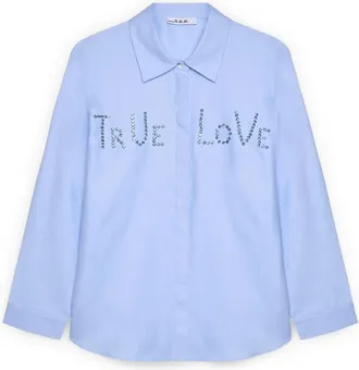 Fiorella Rubino Femme, Blouses et Chemises, Bleu, Taille: 46 FR Chemise avec lettrage strass