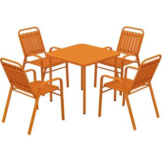OUTSUNNY Salon de jardin ext&eacute;rieur 4 places 5 pi&egrave;ces - chaises empilables - plateau effet bois acier orange